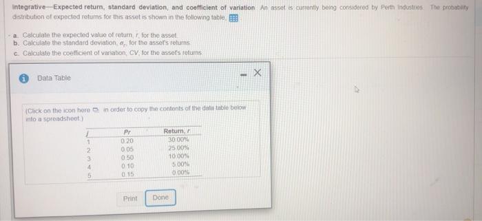 Solved Integrative--Expected return, standard deviation, and | Chegg.com