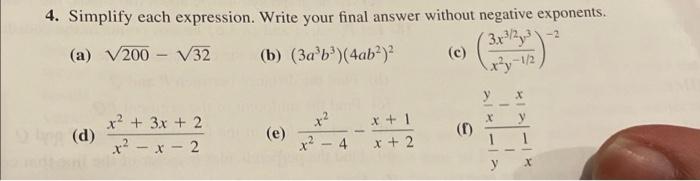 Solved 4. Simplify each expression. Write your final answer | Chegg.com