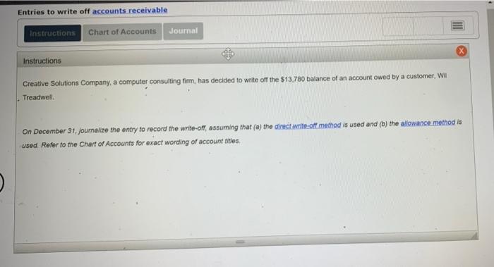 Solved Entries to write off accounts receivable Instructions | Chegg.com