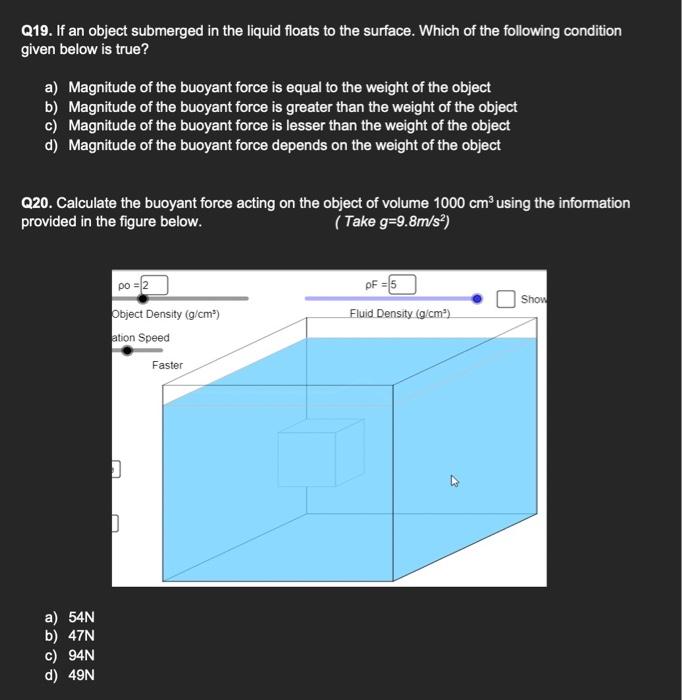 Solved Q19. If an object submerged in the liquid floats to | Chegg.com