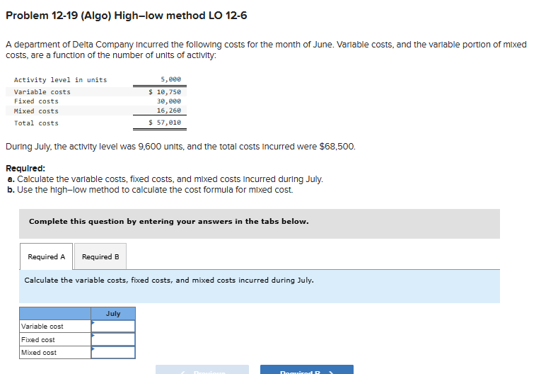 Solved Problem 12-19 (Algo) ﻿High-low method LO 12-6 ﻿A | Chegg.com