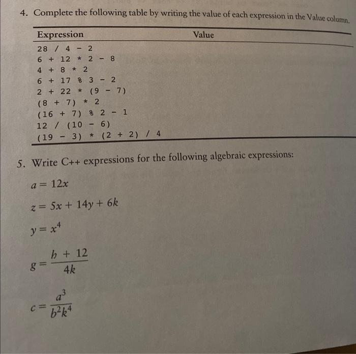 Solved 4. Complete the following table by writing the value | Chegg.com