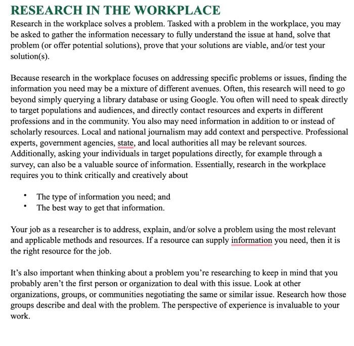 RESEARCH IN THE WORKPLACE Research in the workplace | Chegg.com