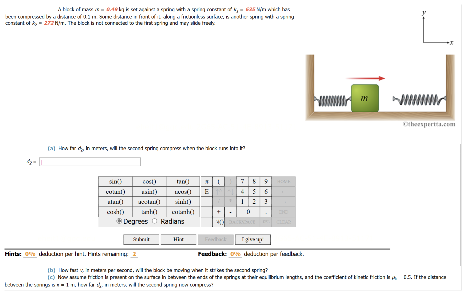 Solved A block of mass m=0,49kg ﻿is set against a spring | Chegg.com