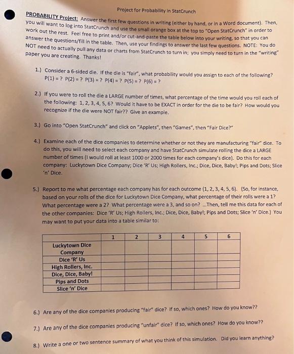 Solved Project for Probability in StatCrunch PROBABIIITY | Chegg.com
