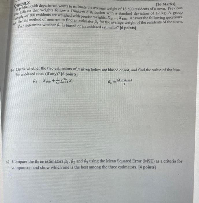 Solved Question 5: [16 Marks] The public health department | Chegg.com