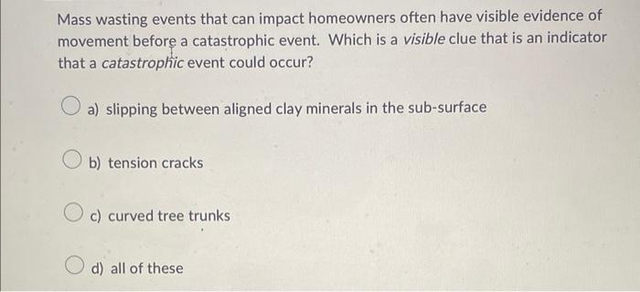 Solved Mass wasting events that can impact homeowners often | Chegg.com