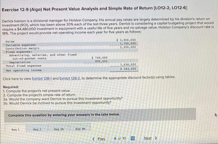 Solved Exercise 12-9 (Algo) Net Present Value Analysis and | Chegg.com