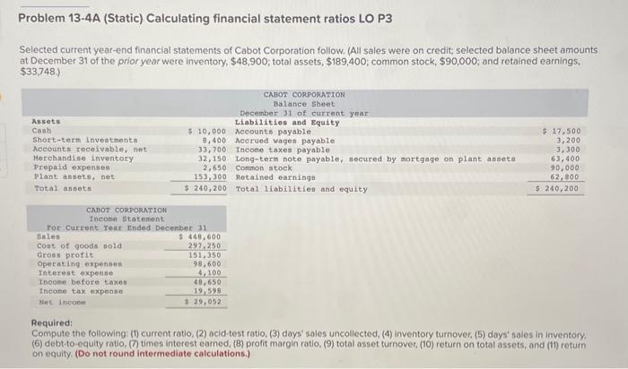 Solved Problem 13-4A (Static) Calculating financial | Chegg.com