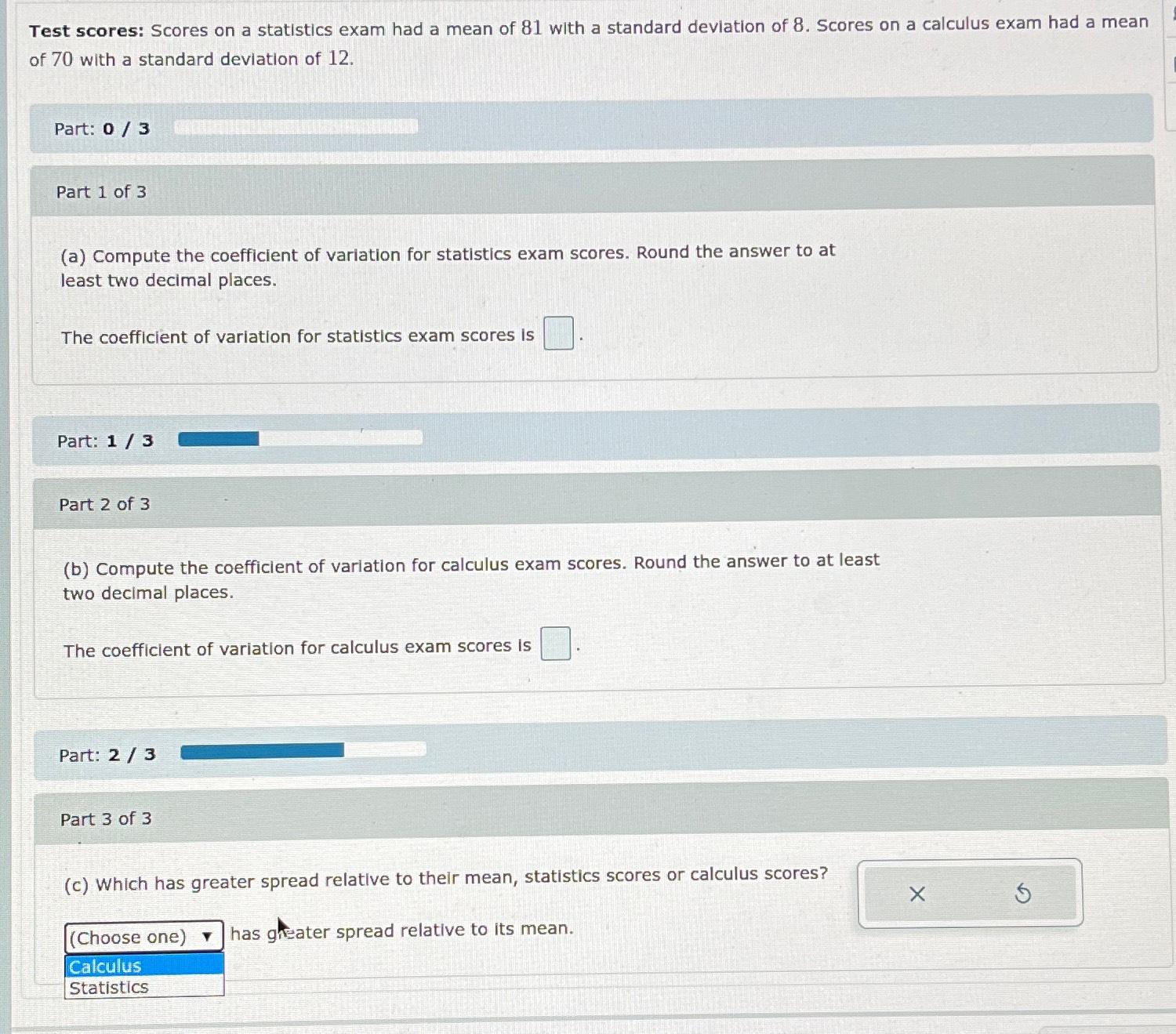 Solved Test scores: Scores on a statistics exam had a mean | Chegg.com