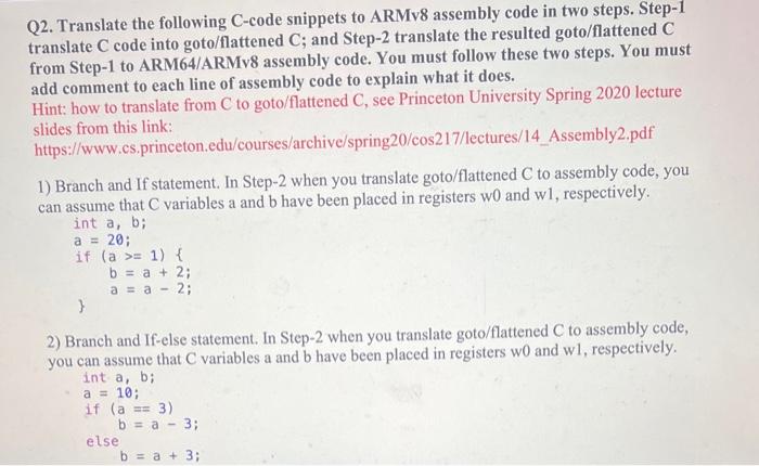Solved Q2. Translate the following C-code snippets to ARMv8 | Chegg.com