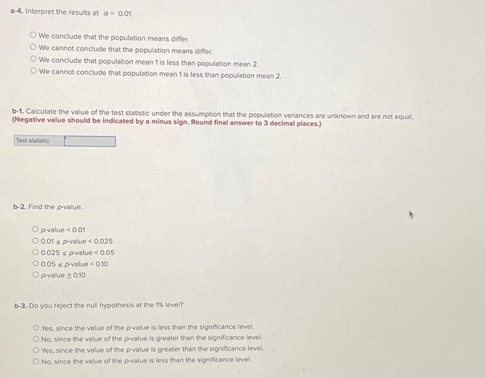 Solved b-4. Interpret the results at α=0.01. We conclude | Chegg.com