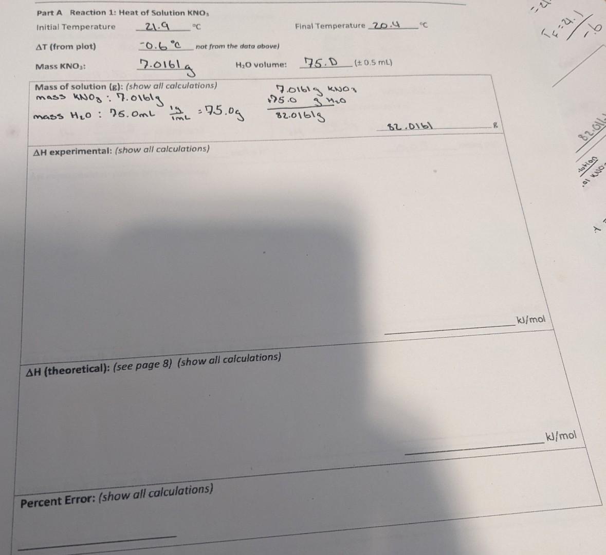 Solved Part A Reaction 1: Heat of Solution KNO, ΔH | Chegg.com