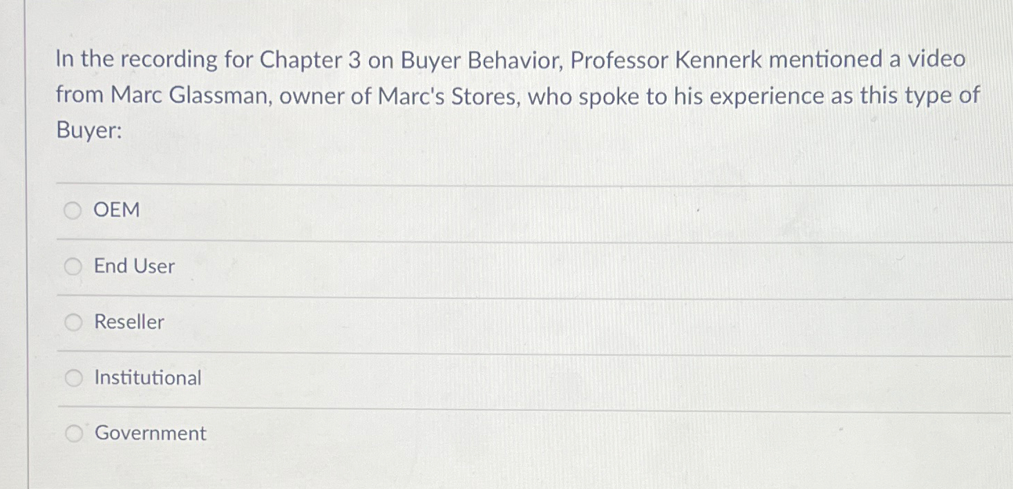 Solved In the recording for Chapter 3 ﻿on Buyer Behavior, | Chegg.com