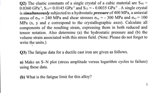 Solved Q2) The elastic constants of a single crystal of a | Chegg.com