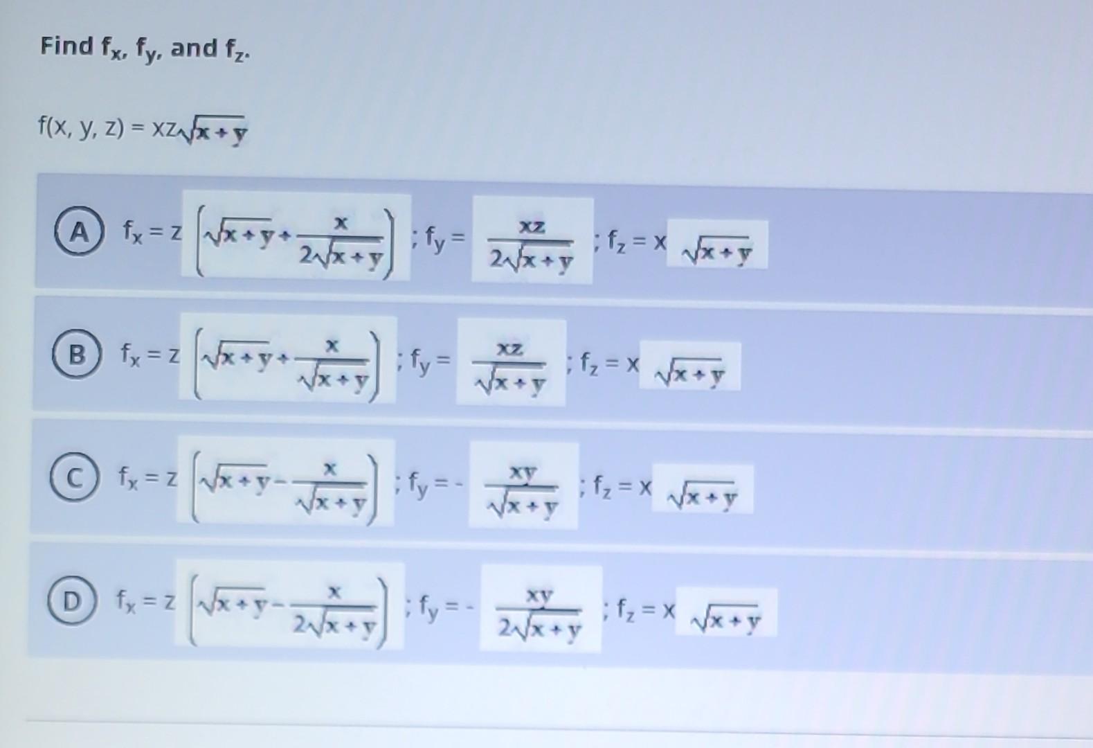 Solved Find Fx Fy And Fz F X Y Z Xzx Y A