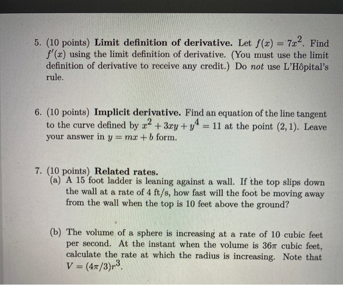 Solved 5. (10 points) Limit definition of derivative. Let | Chegg.com