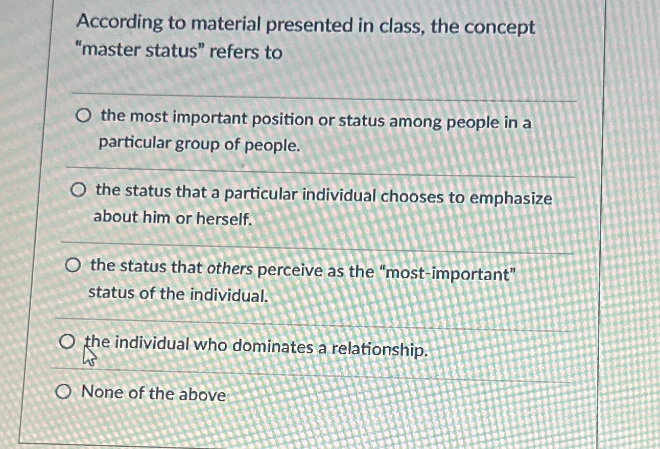 Solved According to material presented in class, the concept | Chegg.com