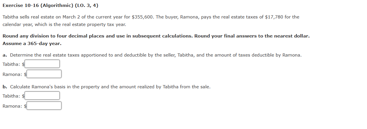 Solved Exercise 10-16 (Algorithmic) (LO. 3, 4) ﻿Tabitha | Chegg.com