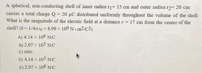 Solved A spherical, non-conducting shell of inner radius | Chegg.com