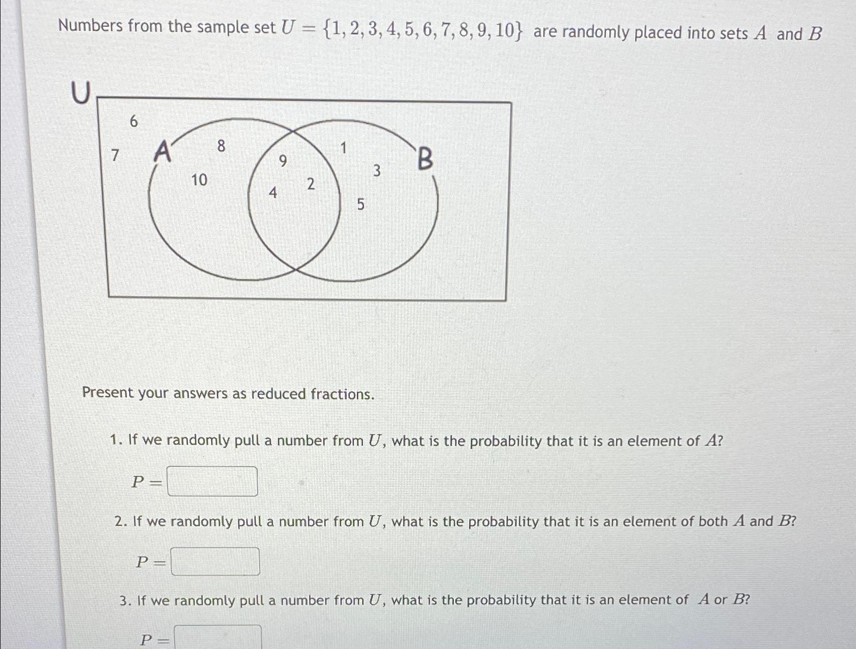 Solved Numbers from the sample set U={1,2,3,4,5,6,7,8,9,10} | Chegg.com