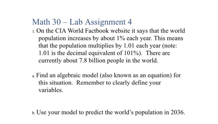 Solved Math 30 - Lab Assignment 4 1. On the CIA World | Chegg.com