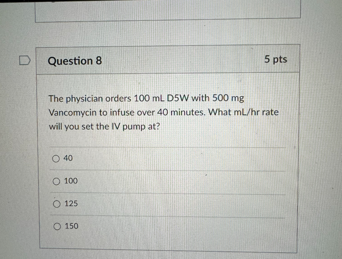 Solved Question 85 ﻿ptsThe physician orders 100mL ﻿D5W with | Chegg.com