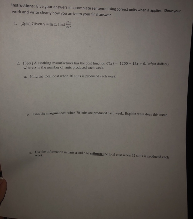 Solved Instructions: Give your answers in a complete | Chegg.com