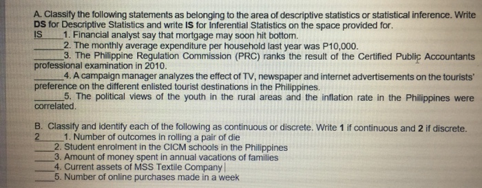 Solved A. Classify the following statements as belonging to | Chegg.com