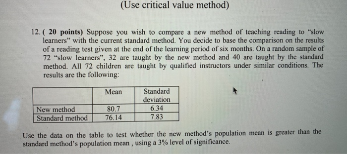 Solved (Use critical value method) 12. ( 20 points) Suppose | Chegg.com