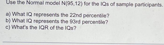 Solved Use the Normal model N(95,12) for the IQs of sample | Chegg.com