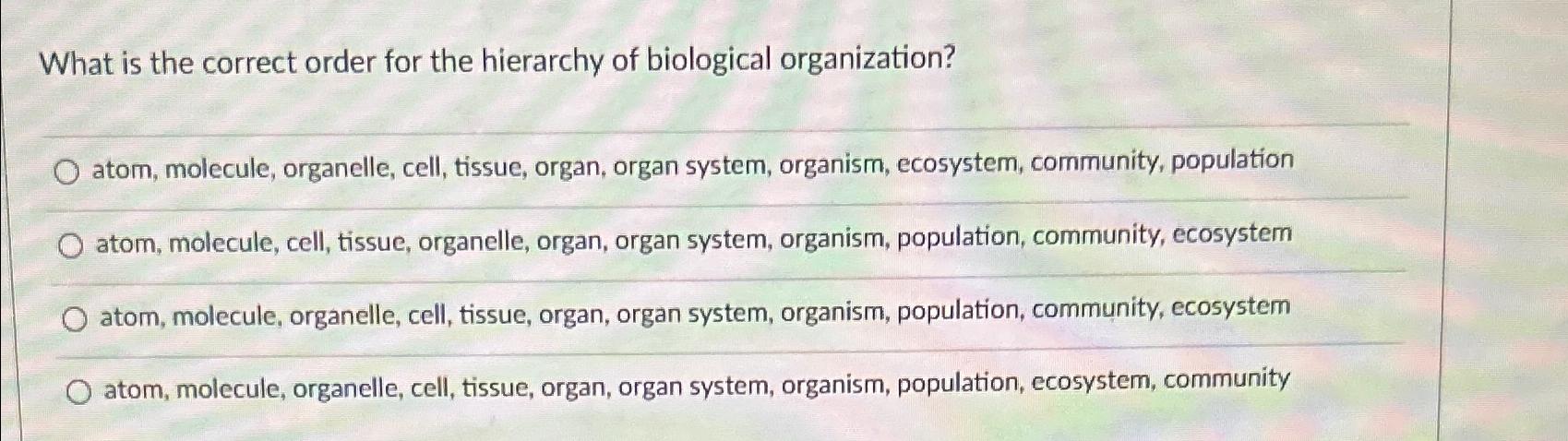 Solved What is the correct order for the hierarchy of | Chegg.com