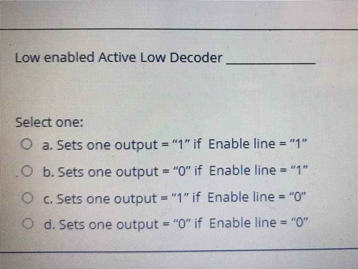Solved Low enabled Active Low Decoder Select one: O a. Sets | Chegg.com