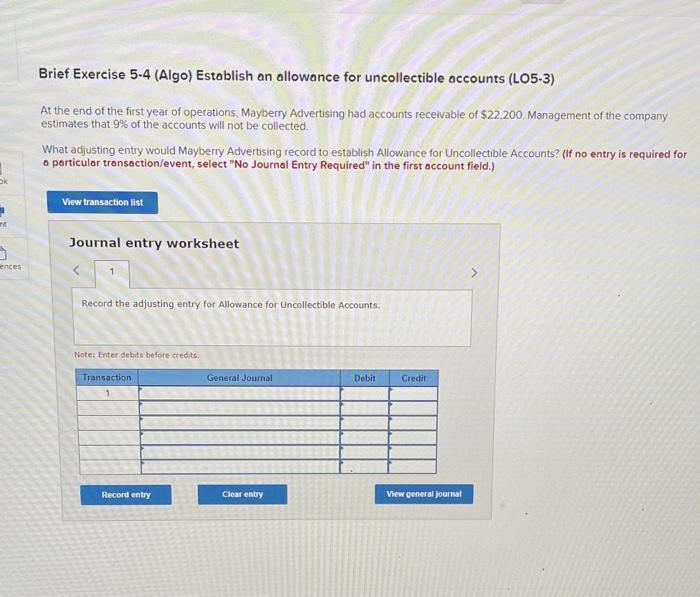 Solved Brief Exercise 5-4 (Algo) Establish an allowance for | Chegg.com