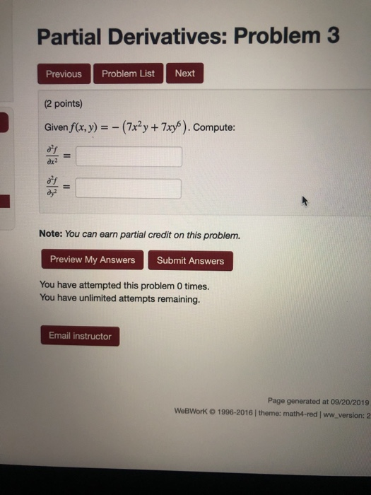 Solved Partial Derivatives: Problem 3 Previous Problem List | Chegg.com