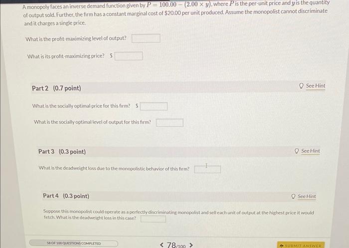Solved A monopoly faces an inverse demand function given by | Chegg.com