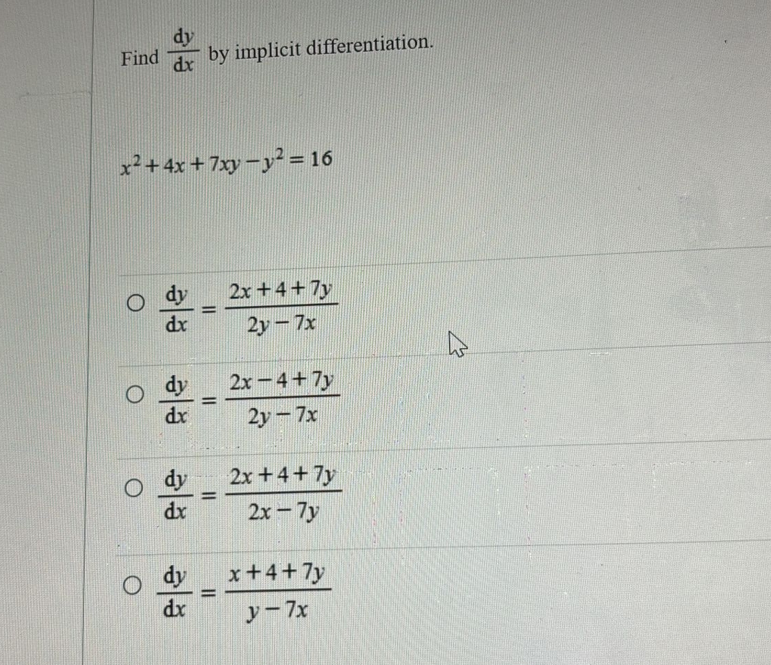Solved Find dy(d)x ﻿by implicit | Chegg.com