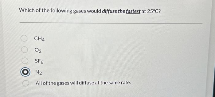 Solved Which of the following gases would diffuse the | Chegg.com