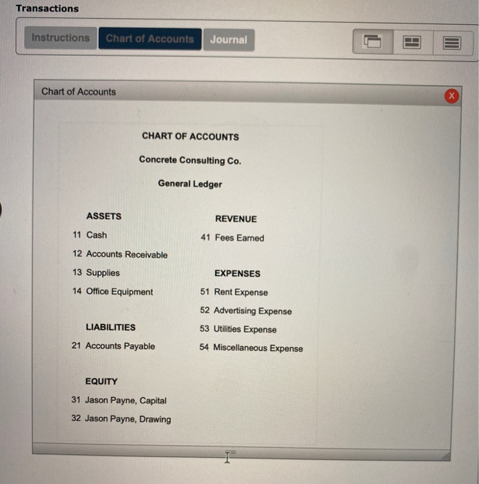 Solved Transactions Instructions Chart of Accounts Journal | Chegg.com