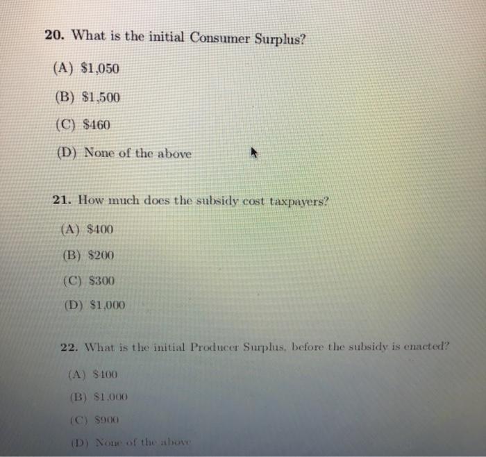 Solved 20. What is the initial Consumer Surplus? (A) $1,050 | Chegg.com