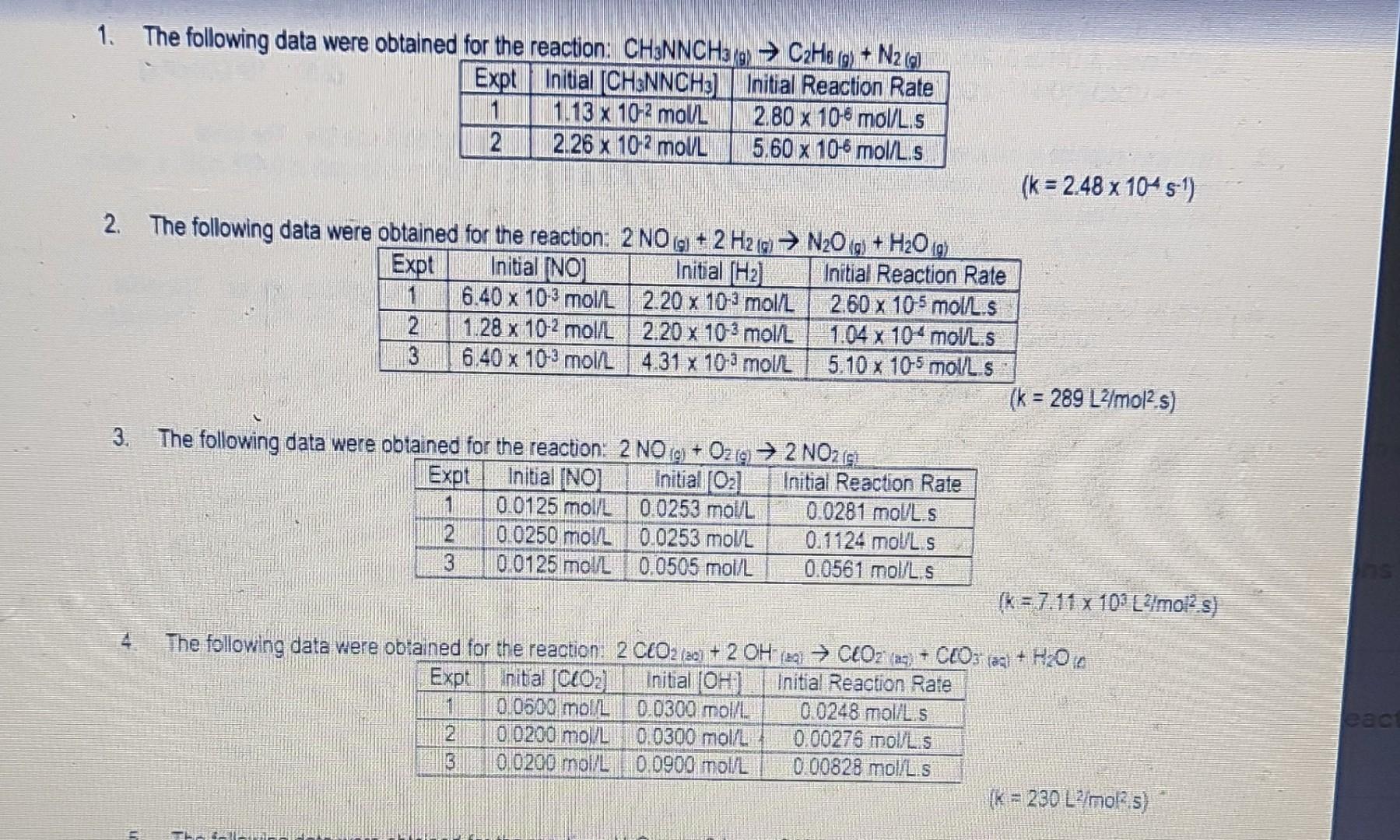 Solved 1. The following data were obtained for the reaction: | Chegg.com