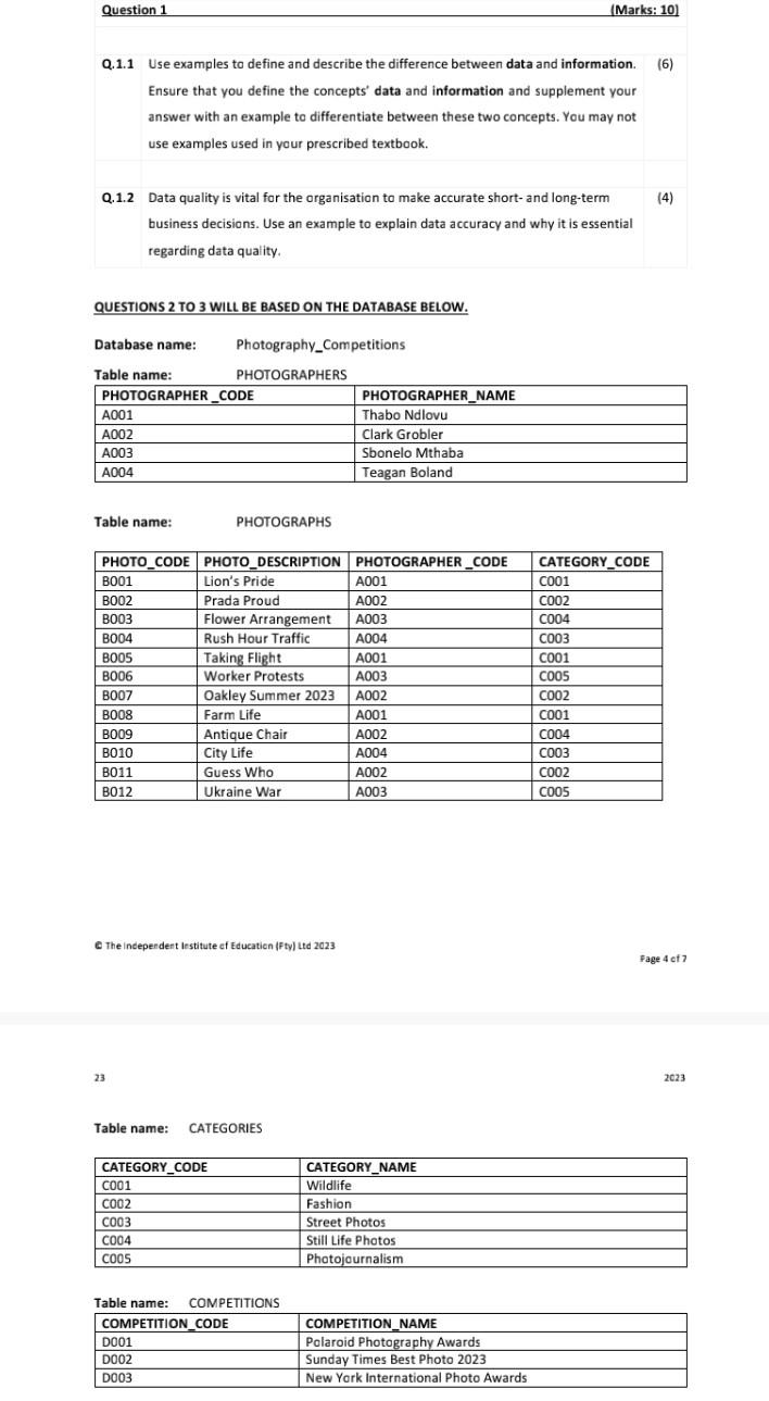 Solved QUESTIONS 2 TO 3 WILL BE BASED ON THE DATABASE BELOW. | Chegg.com