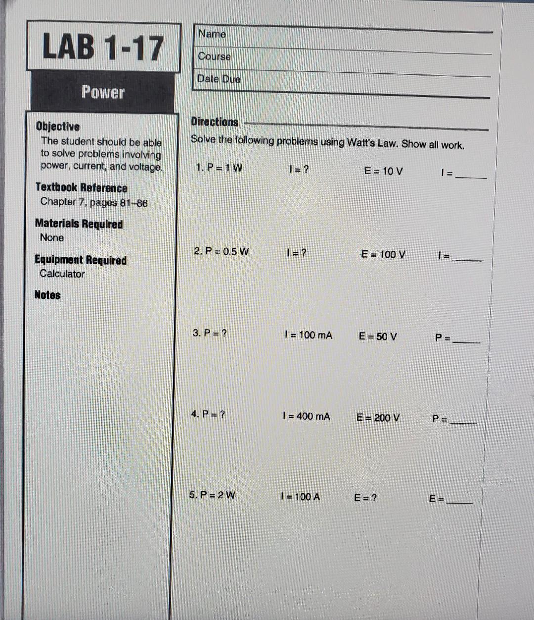 Solved Name Course Date Due Directions Solve the following | Chegg.com
