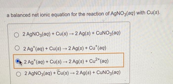 Solved a balanced net ionic equation for the reaction of | Chegg.com