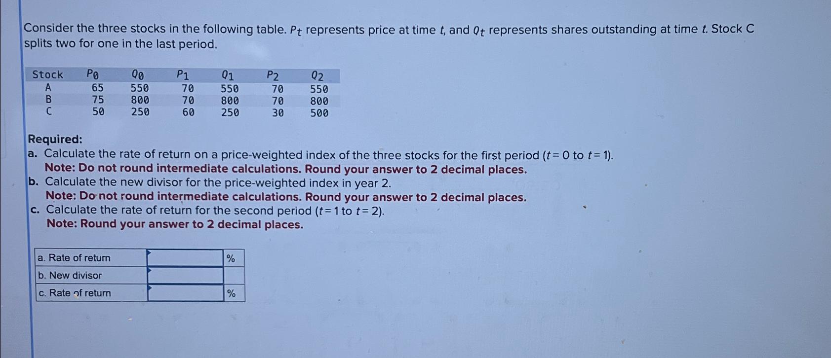 Solved Consider the three stocks in the following table. Pt | Chegg.com