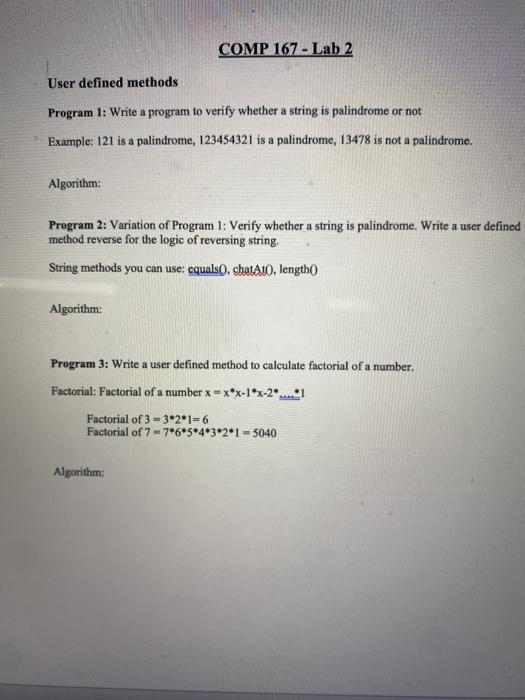 Solved COMP 167 - Lab 2 User defined methods Program 1: | Chegg.com