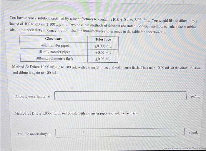 Solved You have a stock solution certified by a manufacturer | Chegg.com