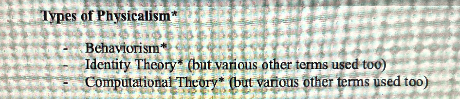 Solved Types of Physicalism*Behaviorism*Identity | Chegg.com