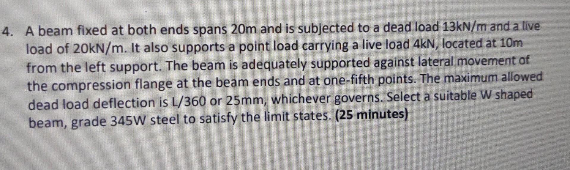 Solved A beam fixed at both ends spans 20 m and is subjected | Chegg.com