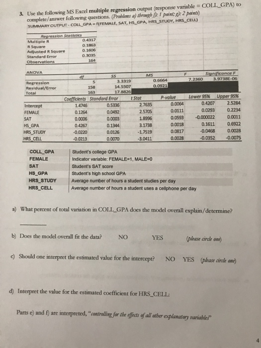 Solved 3. Use the following MS Excel multiple regression | Chegg.com